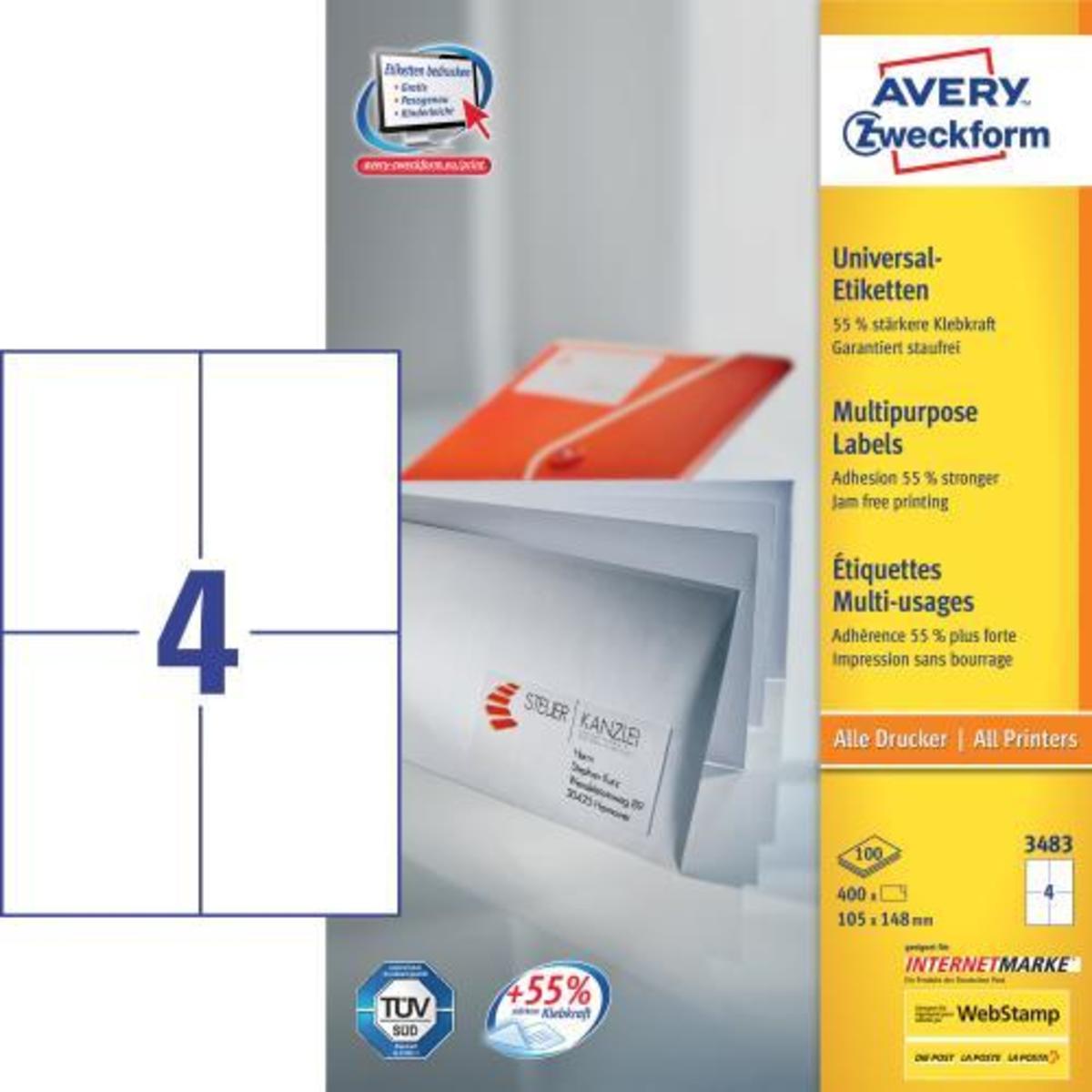 AVERY ZW. Universal labels 105x148mm 3483 white, A4 100sh. / 4pcs ...